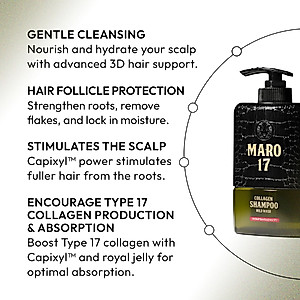 MARO17 Collagen Shampoo Mild Wash - Deep Cleansing Anti Danfruff Shampoo for Men - Removes Dandruff, Hydrates Scalp & Stimulates Collagen Production for Thicker, Fuller Hair - Soothes Dry, Flaky Scalp