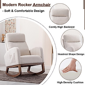 Antetek Modern Accent Rocking Chair, Upholstered Nursery Glider Rocker for Baby, Comfy Armchair with Side Pocket, Living Room Lounge Arm Chair, High Backrest with Headrest Shape Design (Light Beige)