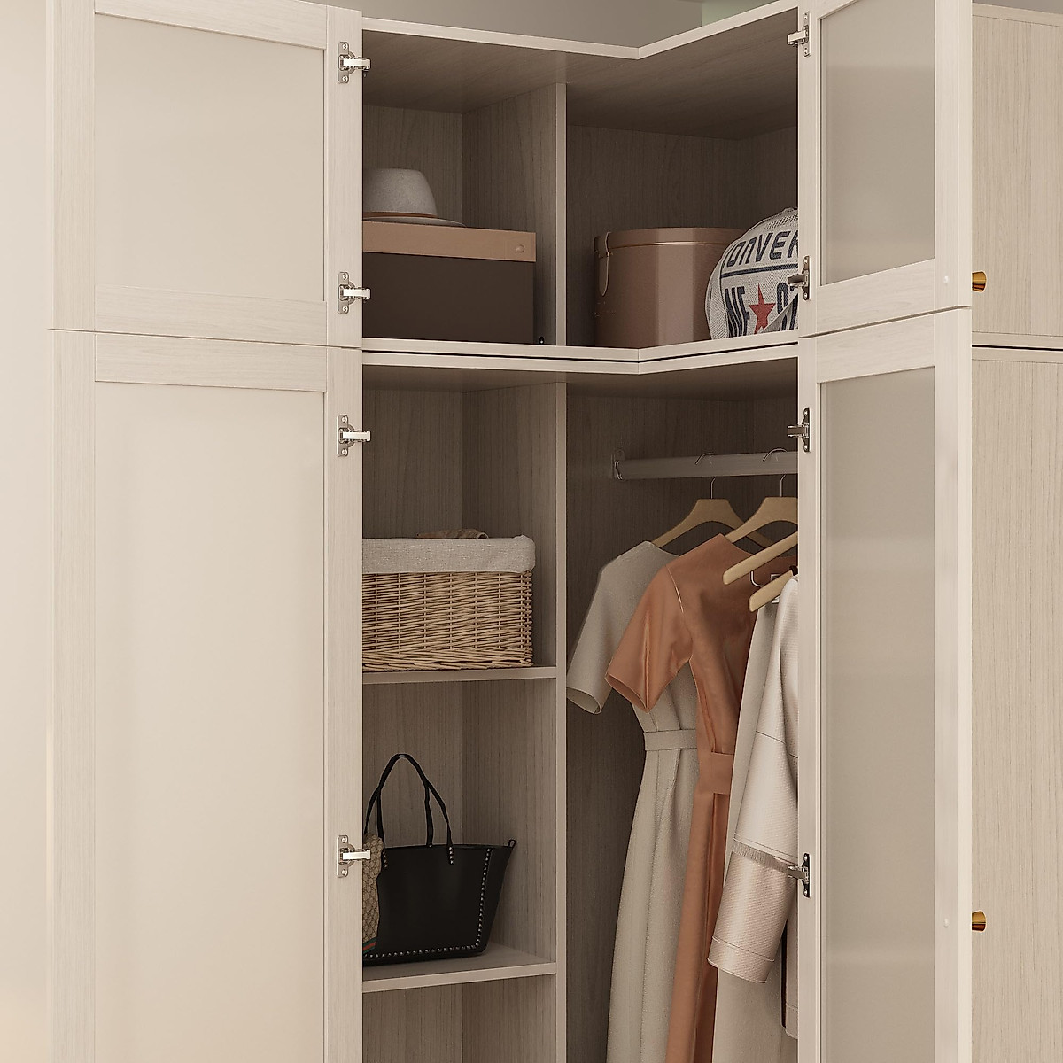 Homsee L-Shape Armoire Wardrobe Closet with Frosted Glass Doors, Hanging Bar & Shelves, Wooden Closet Storage Cabinet with Top Cabinet for Bedroom, Warm Grey (35.4”L x 35.4”W x 86.6”H)