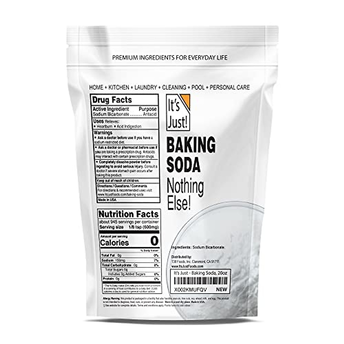It's Just - Baking Soda, 100% Pure Sodium Bicarbonate, Food Grade, Non-GMO, Made in USA, Cooking, Baking, Aluminum Free (1.25 Pound)