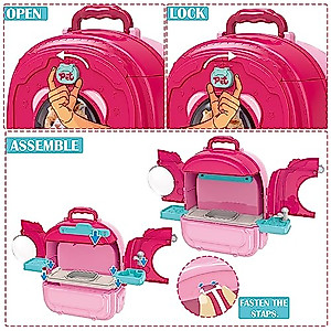 MAGIC4U 3 in 1 Pet Care Carrier Backpack Playset,82PCS Cat Figurines Toys for Kids,Vet Clinic and Doctor Kit for Kids, Pet Veterinarian Medical Role Pretend Play Set for Boys and Girls Ages 3-8