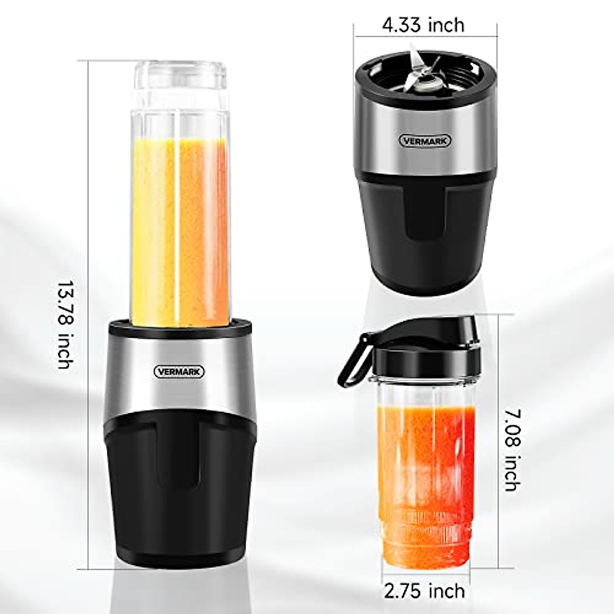 Vermark Personal Portable Bullet Blender, 500 Watt For Shakes and Smoothies, Shake Blender with No-Button Operation, 14 and 20oz Blender Cups with To-Go Lids, BPA Free, Easy To Clean,