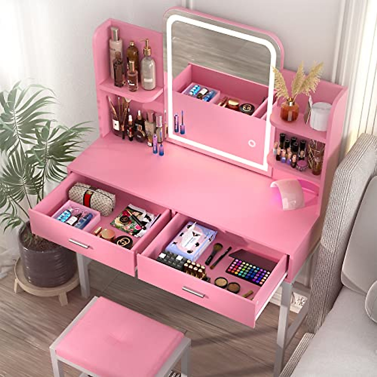 armocity Vanity Desk with LED Lighted Mirror, Makeup Vanity with Cushioned Stool, Vanity Table Set with 3 Color Lighting Options, Modern Dressing Table with 2 Storage Drawers for Bedroom, Pink