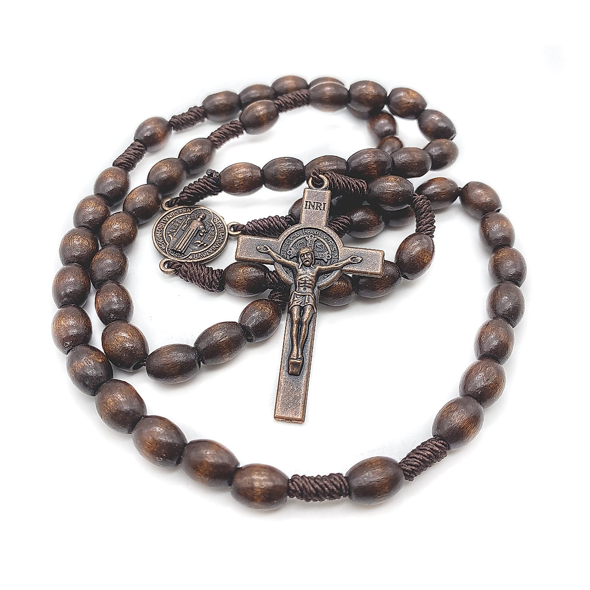 Nazareth Store St.Benedict Wood Beads Rosary Necklace Cord Beaded Catholic Rosary Saint Medal with Cross in Bronze Plating
