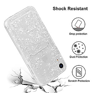 ZIYE Designed for iPhone XR Case with Card Holder for Women Girls Shell Pattern TPU Protective Phone Bumper ID Card Wallet Pocket with Screen Protector Ring Holder White