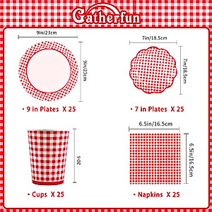 Gatherfun Gingham Red and White Party Supplies Disposable Paper Plates Napkins Cups Knives Spoons Forks Tablecloth Banner for Birthday Party Family Dinner Picnic Barbecue Mother's Day Party, Serve 25