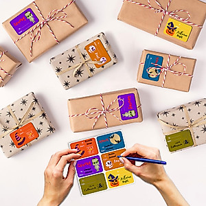 Lucleag 300PCS Halloween Tags Stickers for Wrapping, Self Adhesive Halloween Pumpkin Ghost Bat Spider Witch Hat Gift Stickers Wrap Tags for Halloween Presents Holiday Decorations