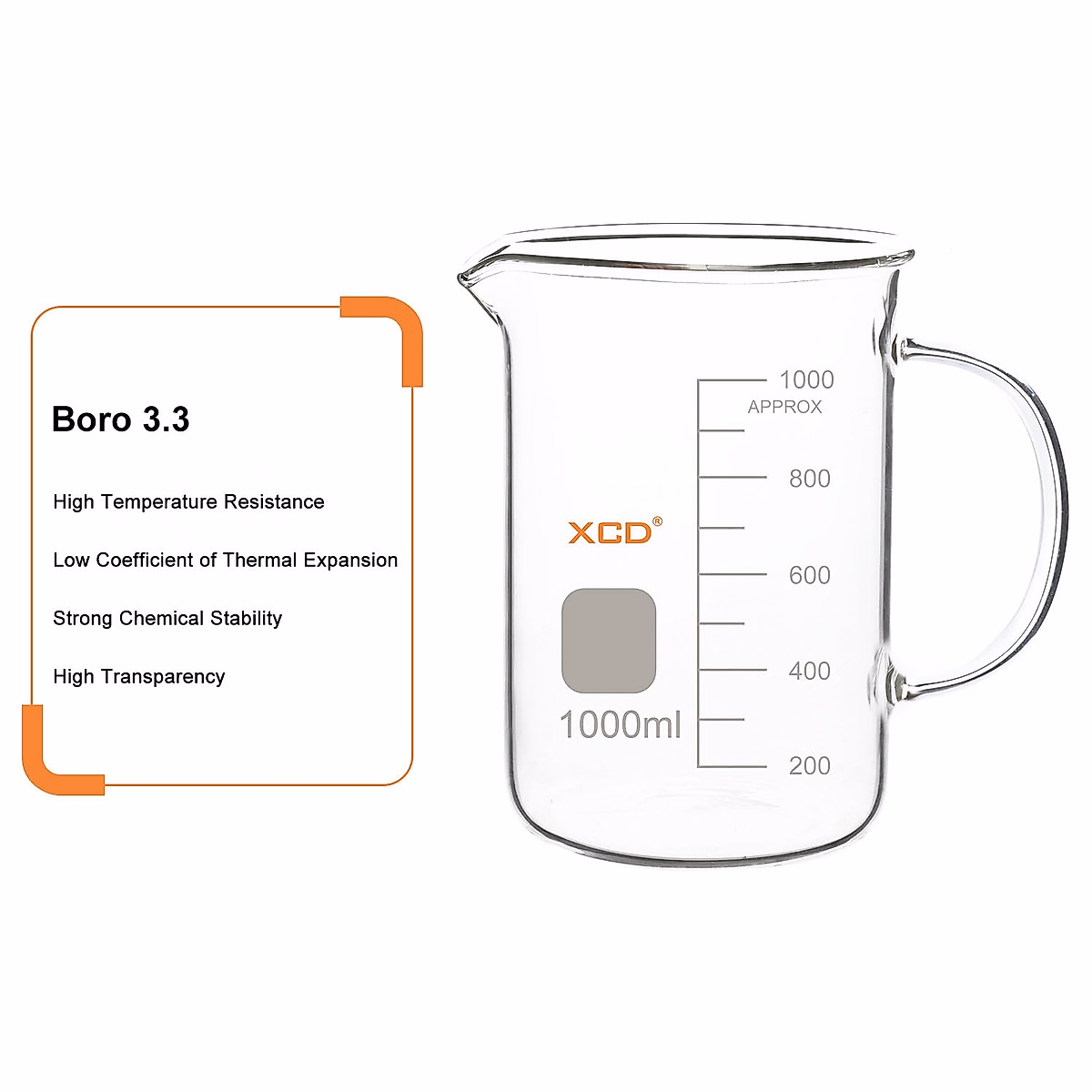 XCD Glass Beaker (1000 ml), Borosilicate Glass Beaker Low Form Griffin Graduated Beaker with Handle and Pouring Spout