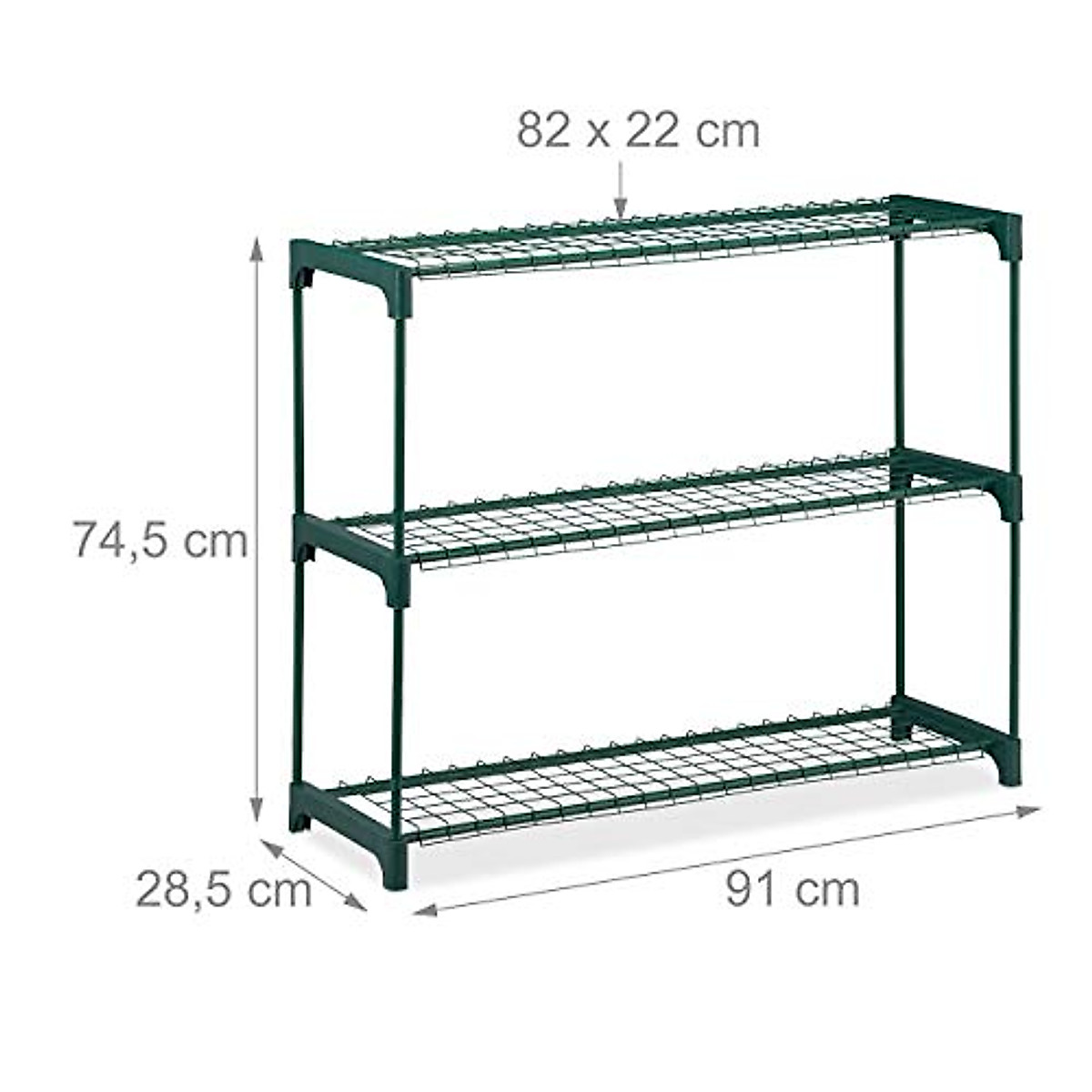 Relaxdays Plant Stand, 3 Tiers, Storage for Flower Pots, Indoor, Iron & Plastic, H x W x D 74.5 x 91 x 28.5, Green, Pack of 1
