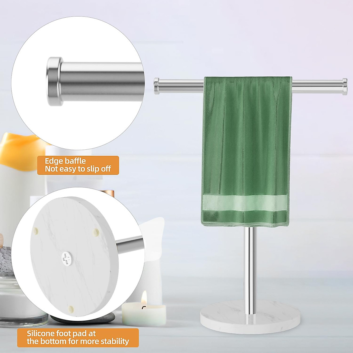 Blemoacha Towel Rack,T Shape Freestanding Towel Racks for Bathroom,Organizer Countertop Hand Towels Stand,Kitchen Vanity Marble Plinth,304 Stainless Steel Towels Bar Brushed Nickel