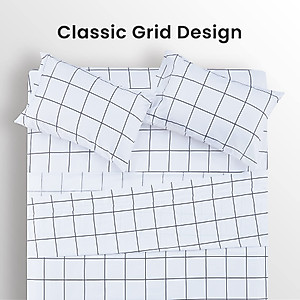 SLEEP ZONE Printed Plaid Twin Bed Sheets Set for Kids 3 Piece - Double Brushed Microfiber Super Soft Breathable Bedding Sheets with 16 inch Deep Pocket (Black Grid Printed on White)