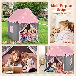 Costzon Kids Play Tent, Playhouse Tent w/Washable Cotton Mat, Star String Lights, Windows, Bottom Zippers, Large Indoor & Outdoor Castle Fairy Tent, Easy Assembly, Gifts for Boys & Girls (Pink)