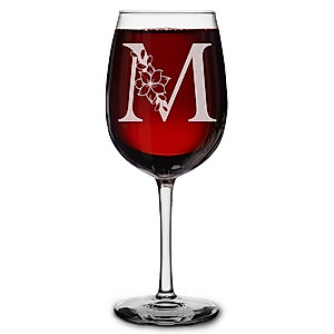 Floral Monogram Engraved Initial Stemmed Wine Glass with Flower 16 oz. Personalized Custom Drinking Gift for Women, Men, Birthday, Special Occasions (M)