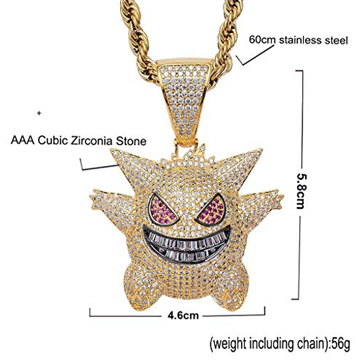 SMANXEY Gengar Gold Cubic Zirconia Hip Hop Pendant Necklace for Fans Classic Collection