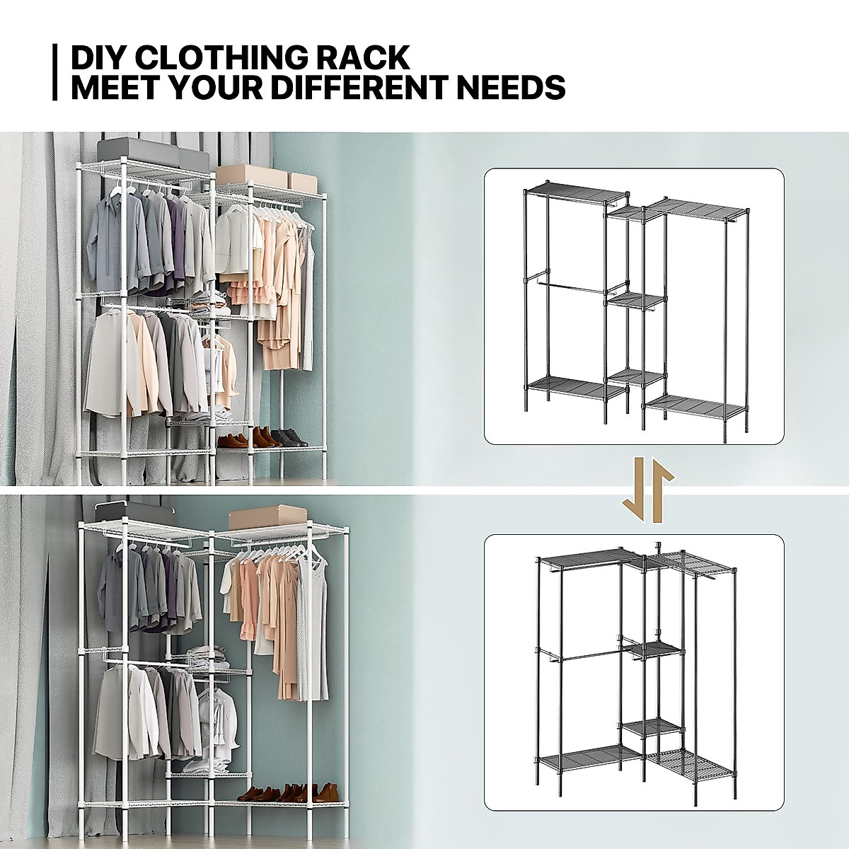 MoNiBloom Heavy Duty Carbon Steel Garment Rack, 66 Inch Expandable, with Shelves, for Hanging Clothes, Load 1000lbs, White