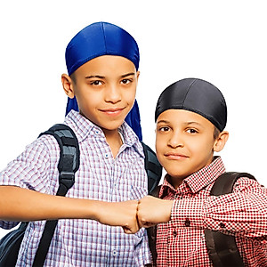 6 Pieces Kids Silky Satin Durags with Wave Caps Set Unisex 360 Wave Headwraps with Long Tail and Wide Straps (Silver, Black, Blue)