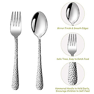 TeamFar Toddler Utensils, Stainless Steel Kids Silverware Children Spoons & Forks for Self Feeding at Home & Preschool, Healthy, Mirror Polished & Hammered Handle, Dishwasher Safe, Set of 6