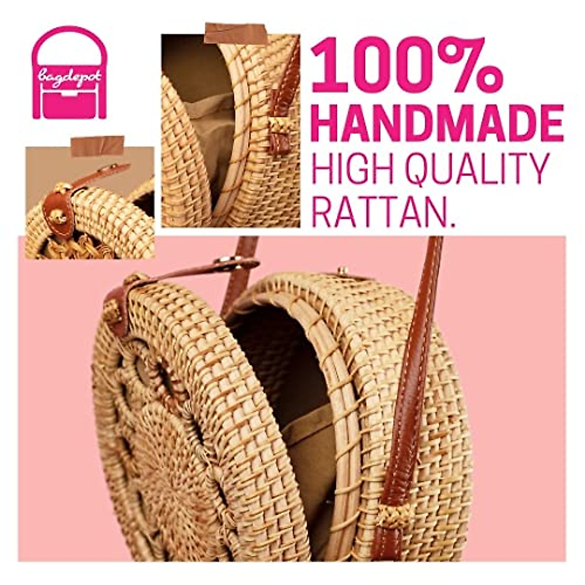BAGDEPOT Round Rattan Bag With Shoulder Leather Strap. Made from Natural Rattan (Sunrise)