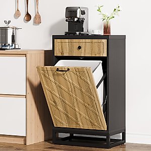 Condemo Tilt Out Trash Can Cabinet, 10 Gallon Trash Bin Cabinet with Drawer, Modern Recycling Storage Cabinet for Kitchen, Dining Room, Laundry, Brown and Black (No Trash Can)