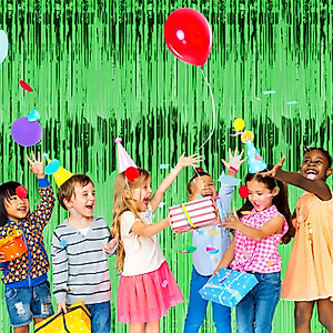 DecorWoo 3ft x 8ft Foil Fringe Backdrop Curtain, Metallic Tinsel Foil Fringe Curtains, Party Streamers Backdrop, Baby Shower Birthday Holiday Celebration,Party Decorations (Green)