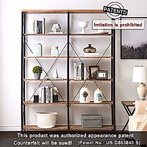O&K FURNITURE Double Wide 6-Shelf Bookcase, 80.7” Industrial Large Open Metal Bookcases Furniture, Etagere Bookshelf for Home & Office, Vintage Brown