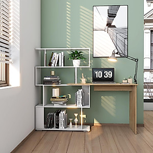 Mondeer 41.7" L Shaped Desk with 4-Tier Storage Shelves, Computer Corner Desk for Study Home Office Living Room (Oak and White)