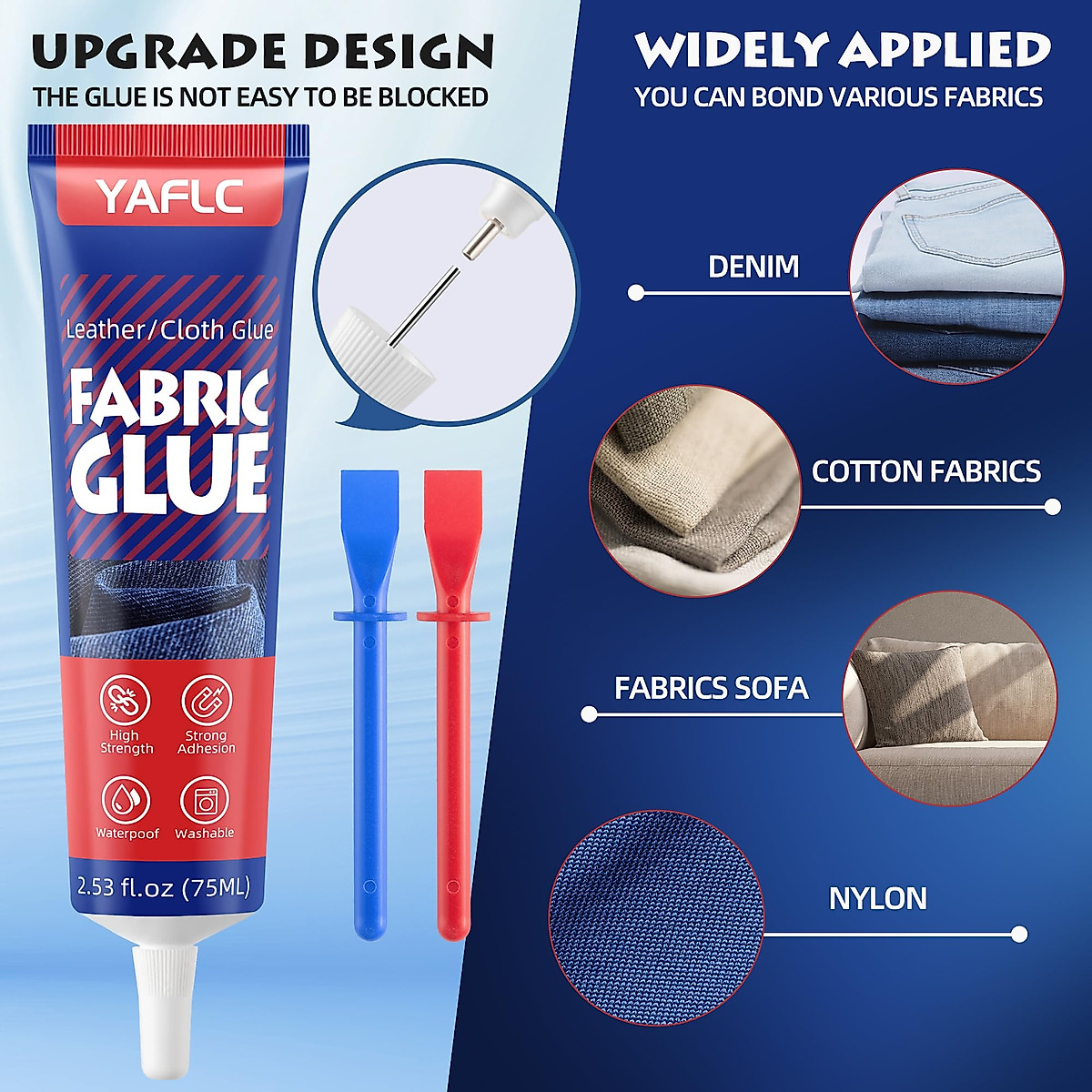 YAFLC Fabric Glue Permanent 75 ml, Fabric Glue for Patch, Clear Fabric Glue for Clothing Permanent Washable, Leather Glue for All Fabrics, Cotton, Denim, Flannel, Polyester
