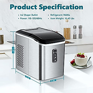 EUHOMY Ice Maker Machine Countertop, 26 lbs in 24 Hours, 9 Cubes Ready in 8 Mins, Electric ice Maker and Compact Potable ice Maker with Ice Scoop and Basket. Perfect for Home/Kitchen/Office.(Sliver)