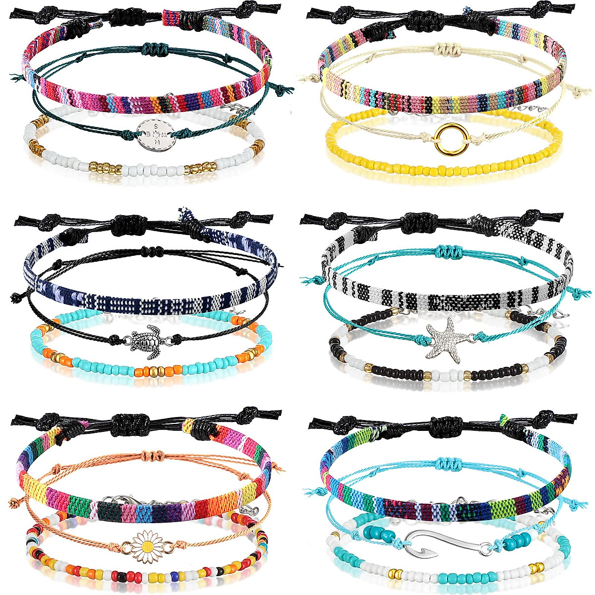 6 Pieces Ankle Bracelet Adjustable Boho Surfer Anklet Bracelet Thin Rope Unisex Handmade Beach Anklet Boho Colorful Ankle Bracelet Bohemia Anklet Chain Jewelry Festival Accessories (Ocean Style)
