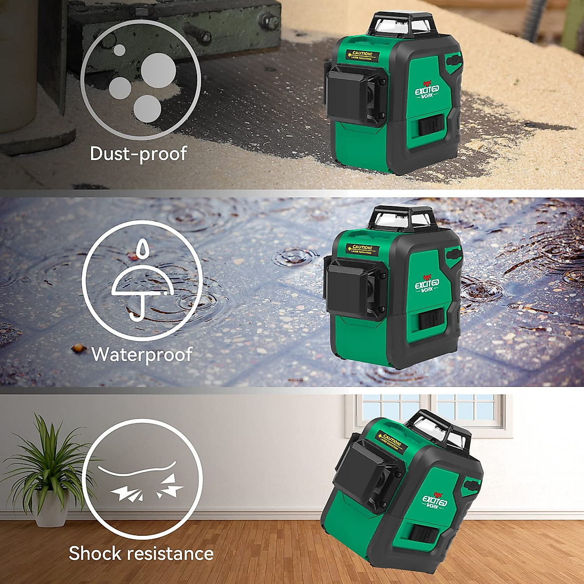 Excited Work 12 Lines Laser Leevl Self Leveling 3x360°, 3D Green Cross Line for Construction and Wallpaper/Flooring, Rechargeable Li-ion battery, Magnetic Pivoting Base, Remote Controller