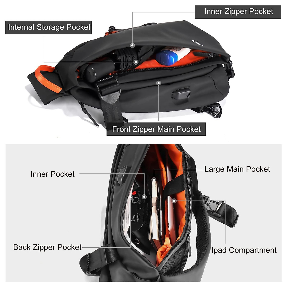 Anti-Theft Waterproof Crossbody Sling Bag for Men Women,Small Backpack One Shoulder Bag,Chest Bag Sling Backpack with USB Charger and Magnetic straps buckle,Black