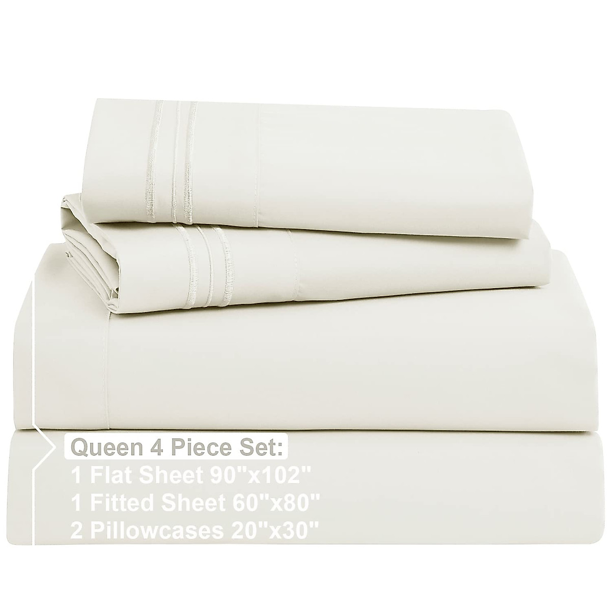 Nestl Queen Sheet Set - 4 Piece Bed Sheets for Queen Size Bed, Deep Pocket, Hotel Luxury, Extra Soft, Breathable and Cooling, Off White Queen Size Sheets