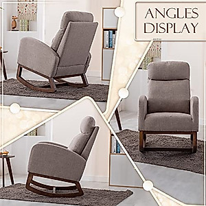 KINFFICT Comfy Rocking Chair, Upholstered Accent Glider Rocker for Baby Nursery or Relaxation, Living Room Armchair with High Back and Headrest, Modern Rocking Glider with Side Pocket, Grey