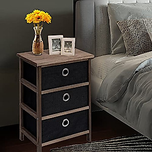 ECOMEX Nightstand Set of 2,Bedside Table with Fabric Storage Drawers and Wooden Table Top,3 Drawer Bedroom Dresser, Storage Cabinet for Home/Bedroom,2pcs (Black Brown)