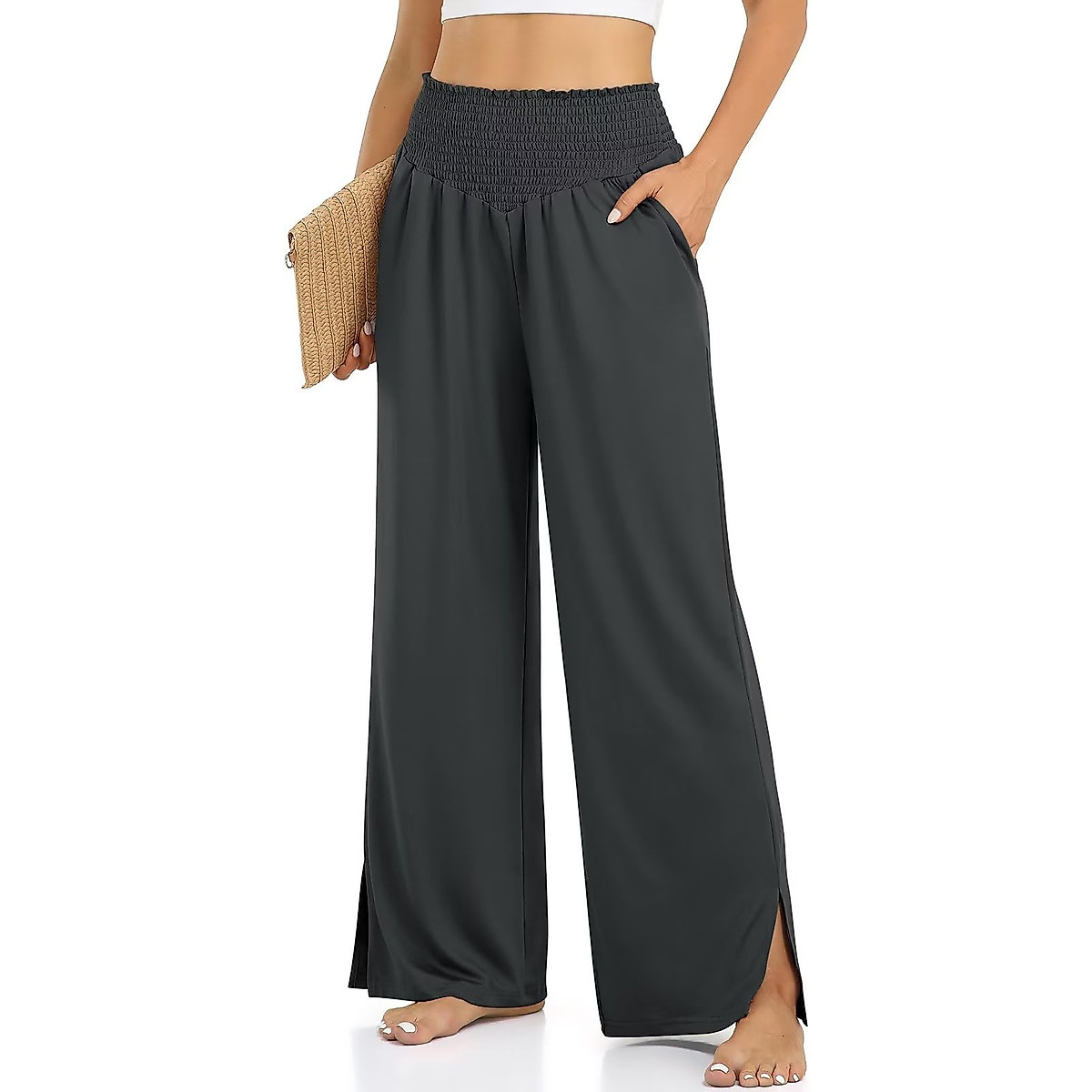 UEU Women's Wide Leg Pants Elastic Casual High Waisted Travel Lounge Yoga Palazzo Pants with Pockets, Dark Gray, XL