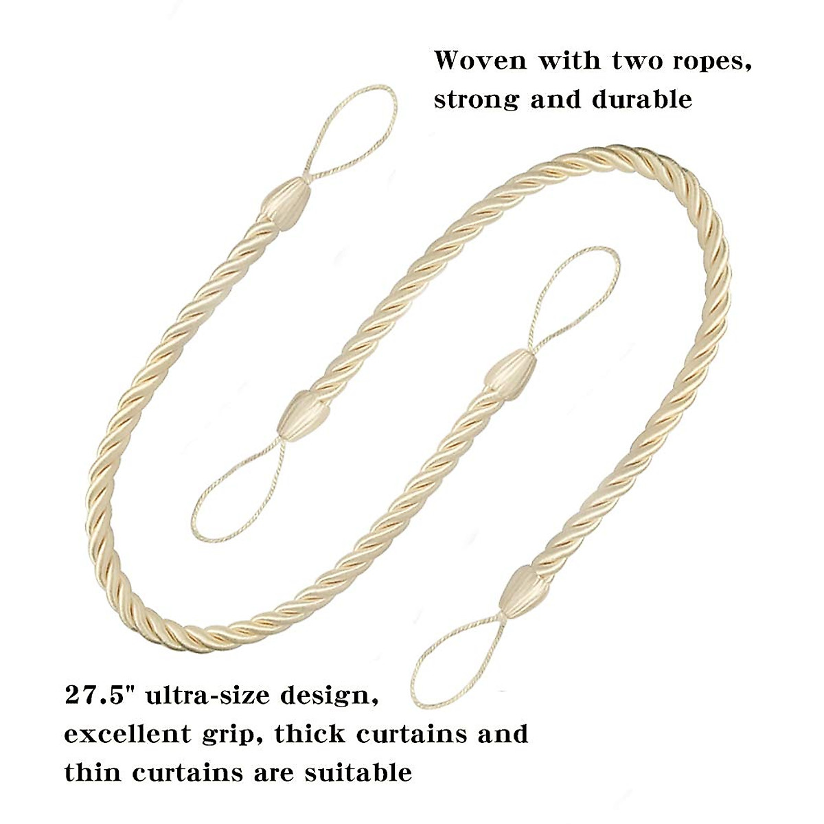BEL AVENIR Curtain Ropes Tiebacks Tie-Backs, Curtain Handmade Holdbacks with 2 Metal Screw Hooks (Beige, 2pack)
