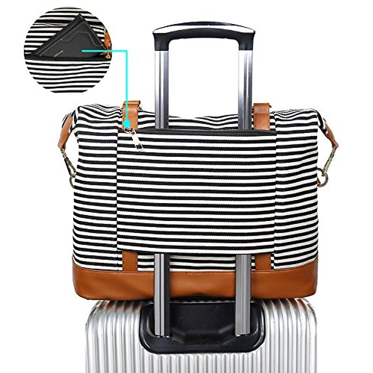 Bluboon Women Ladies Canvas Weekender Bag Overnight Carry-on Tote Duffel in Trolley Handle (BlackStripe)