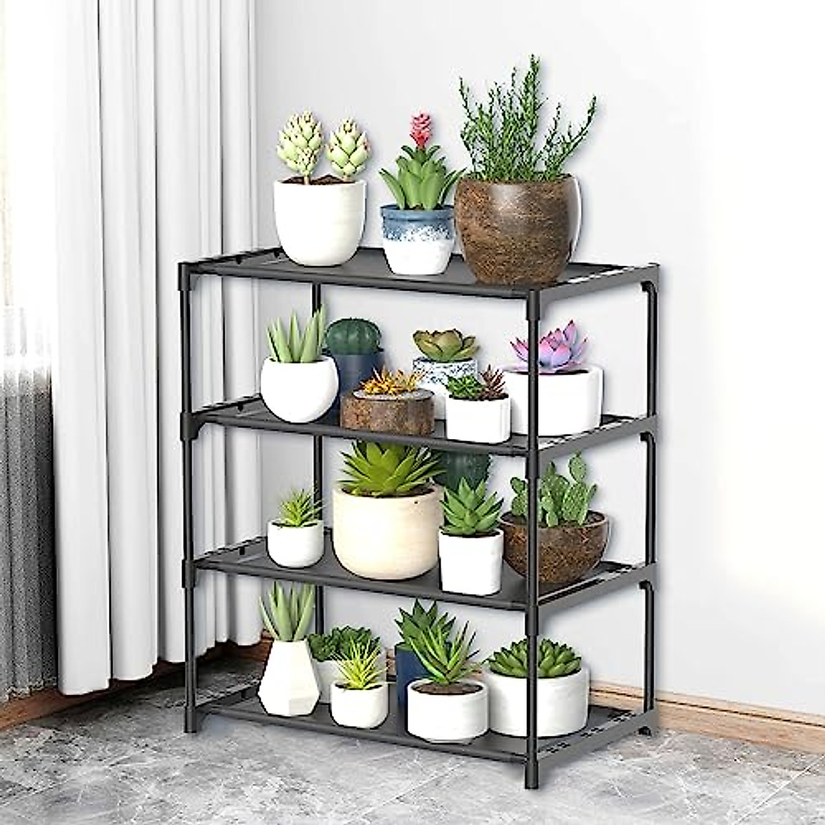 scopbinsa 4-Tier Small Shoe Rack, Stackable Nonwoven Shoe Storage Organizer Metal Shoe Shelf for Entryway, Hallway, cabinet and Closet (4 black)