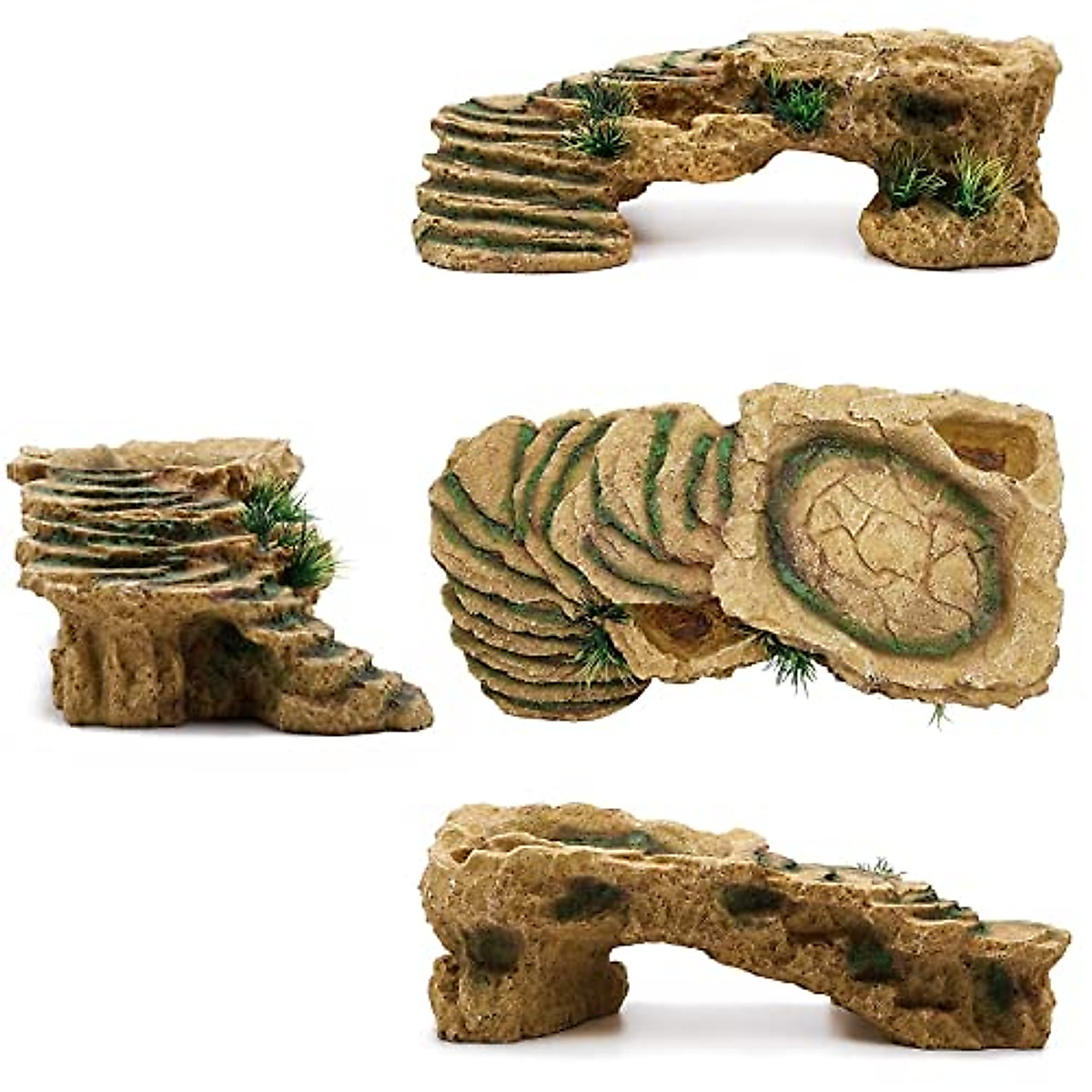 PAULOZYN Reptile Shale Scape Step Ledge Ramps Turtle Basking Platforms Hide Cave 12.6in Large Rock for Reptile Aquarium Bearded Dragon Chameleon Tortoise Lizards Resin, with Ceramic Food Dish Bowls