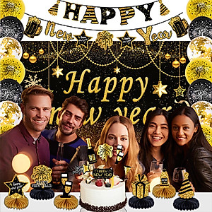 New Year Decorations Kit, Black Bunting and Gold Alphabet Balloons, Cake Topper and Photo Booth Props, Eve Party Decor for Home and School Gatherings, Festive Backdrop for Celebrations