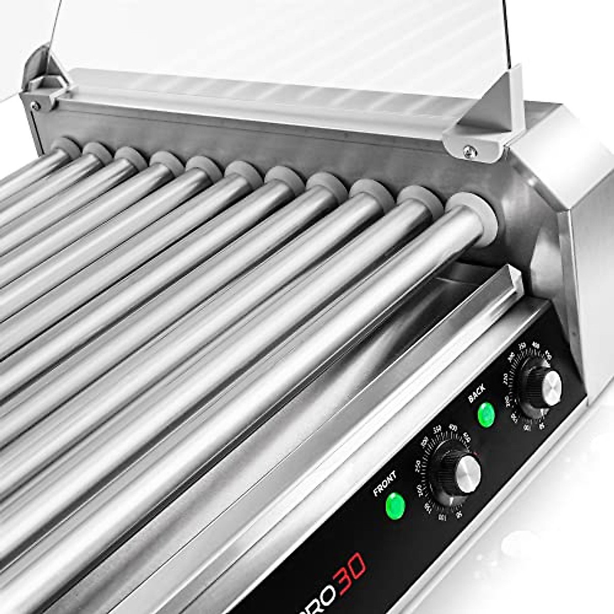 Olde Midway PRO30 Electric Grill Cooker Machine, 30 Hot Dog 11 Roller with Cover, Commercial Grade, Stainless Steel