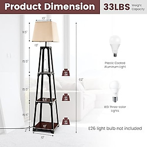 Tangkula Shelf Floor Lamp, Modern Wood Square Standing Lamp with 3 Tiers Shelves and Linen Shade, Stable Trapezoidal Design, E26 Lamp Base, 62" Tall Metal Frame Shelf Lamp for Living Study Bedroom