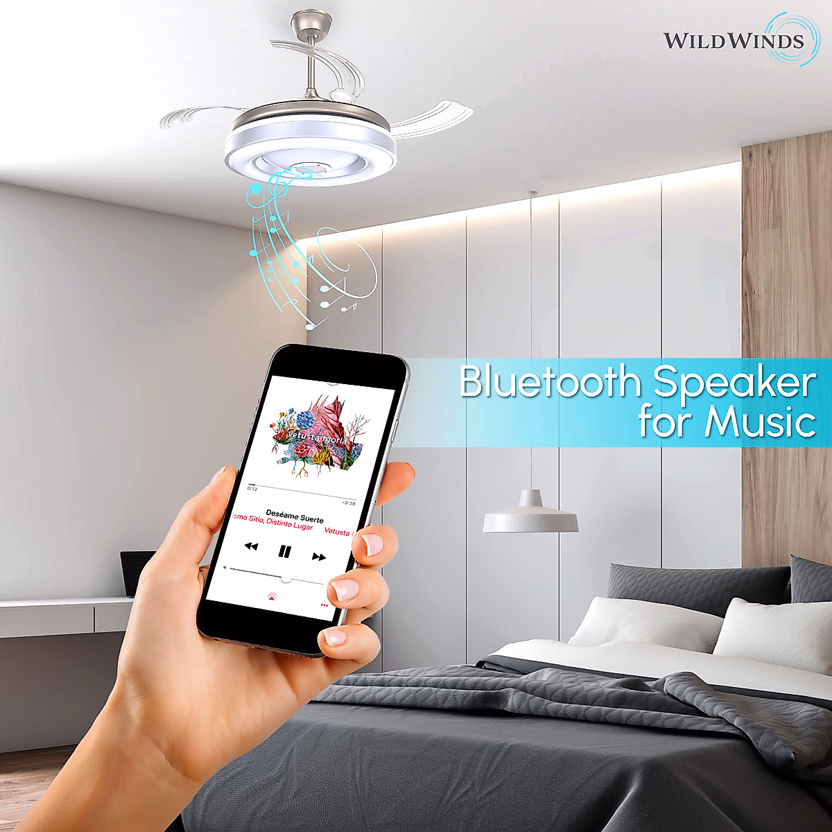 WildWinds 42" Retractable Ceiling Fan With Bluetooth Music Player Speakers | 3 Dimmable LED Lights With Adjustable Speed & Remote Voice Control | Perfect For Bedroom, Living Room & Kitchen
