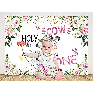 Ticuenicoa 5x3ft Holy Cow I'm One 1st Birthday Backdrop for Girls Baby Shower Photography Background Pink and Gold Floral Animals Bday Backdrops for Party Newborn Kids Supplies Photobooth Props…