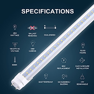 JOMITOP T8 LED Light Bulb 4FT, Ballast Bypass Required, 3360 Lumens, 2pin G13 End Cold White 6000K, Replace 80W Fluorescent Light,Cold White 6000K, Dual-End Powered Clear Cover AC 85-277V 25Pack