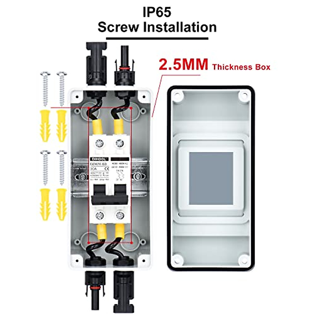 DIHOOL 30 Amp Solar Disconnect Switch, Miniature Circuit Breaker with din Rail Enclosure Outdoor Box for Solar Panels