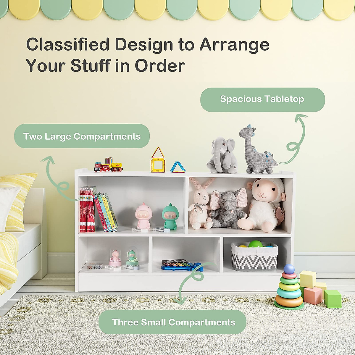SILKYDRY 5 Cube Storage Organizer, 2-Tier Horizontal Bookshelf, Wooden Display Book Shelves for Home Office Classroom, Low Bookcase Under Window (White, 44” x 12” x 24”)