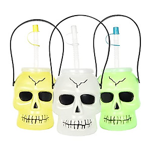 KEPATO Halloween Skull Cup Skull Tumblers,Drinking Jars with lids and straws,Includes three colors of green, white and yellow Skull Travel Mug(3pcs，3.5inch x5inch) Halloween party supplies decoration