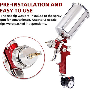 BANG4BUCK High Performance HVLP Gravity Feed Spray Gun with 1.4mm 1.7mm 2.5mm Fluid Tips, 1000cc Aluminum Cup for Auto Paint, Primer, Clear/Top Coat & Touch-Up