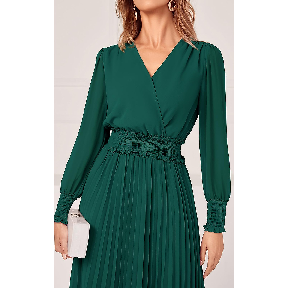 PRETTYGARDEN Women's Midi Long Puff Sleeve Spring Dresses 2024 Smocked Waist Wrap V Neck Flowy Ruffle Pleated Casual Dresses (Dark Green,Medium)